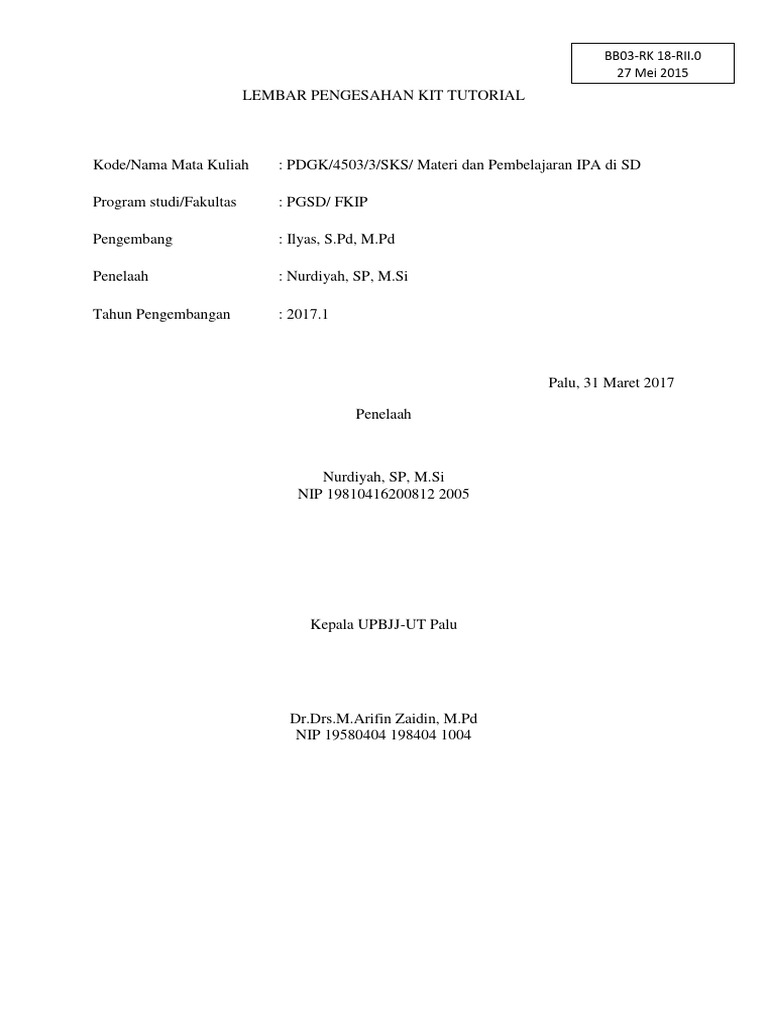 LEMBAR PENGESAHAN KIT TUTORIAL. - PDGK - 4503 - 3 - SKS - Materi Dan Pembelajaran IPA Di SD ...