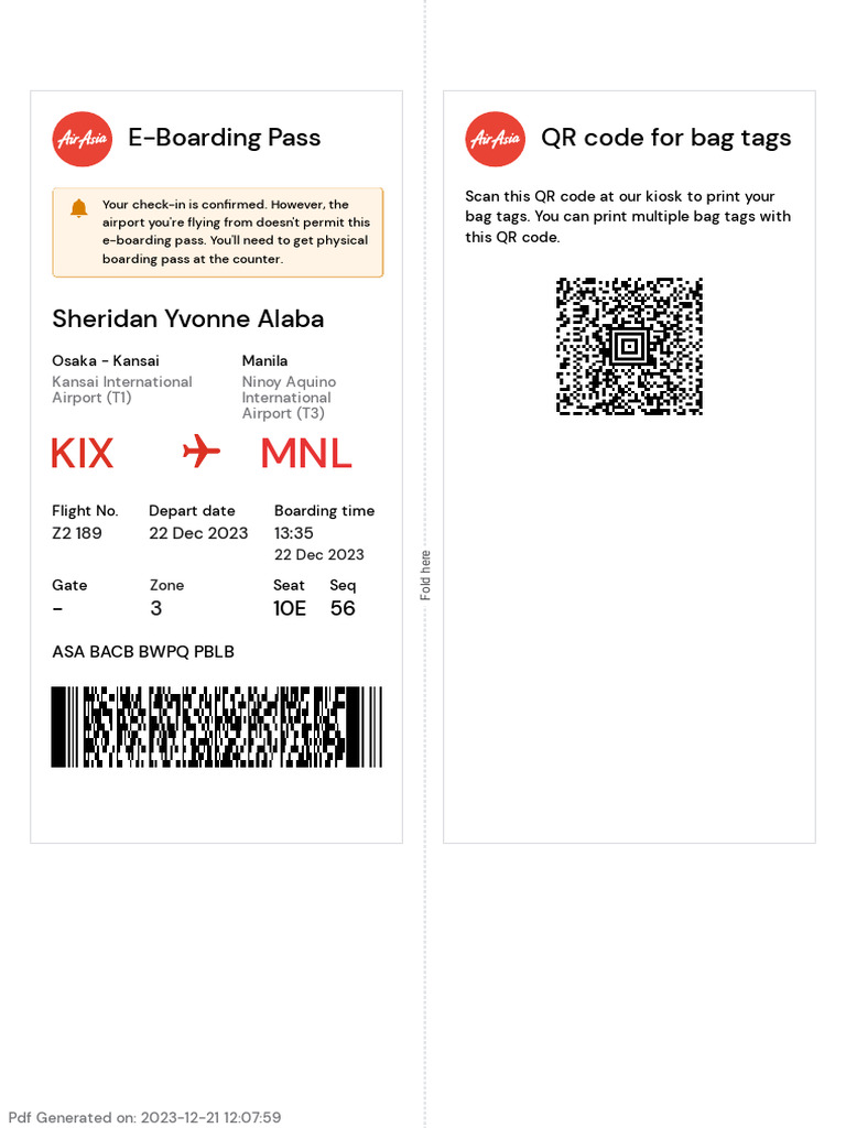 E-Boarding Pass QR Code For Bag Tags | PDF