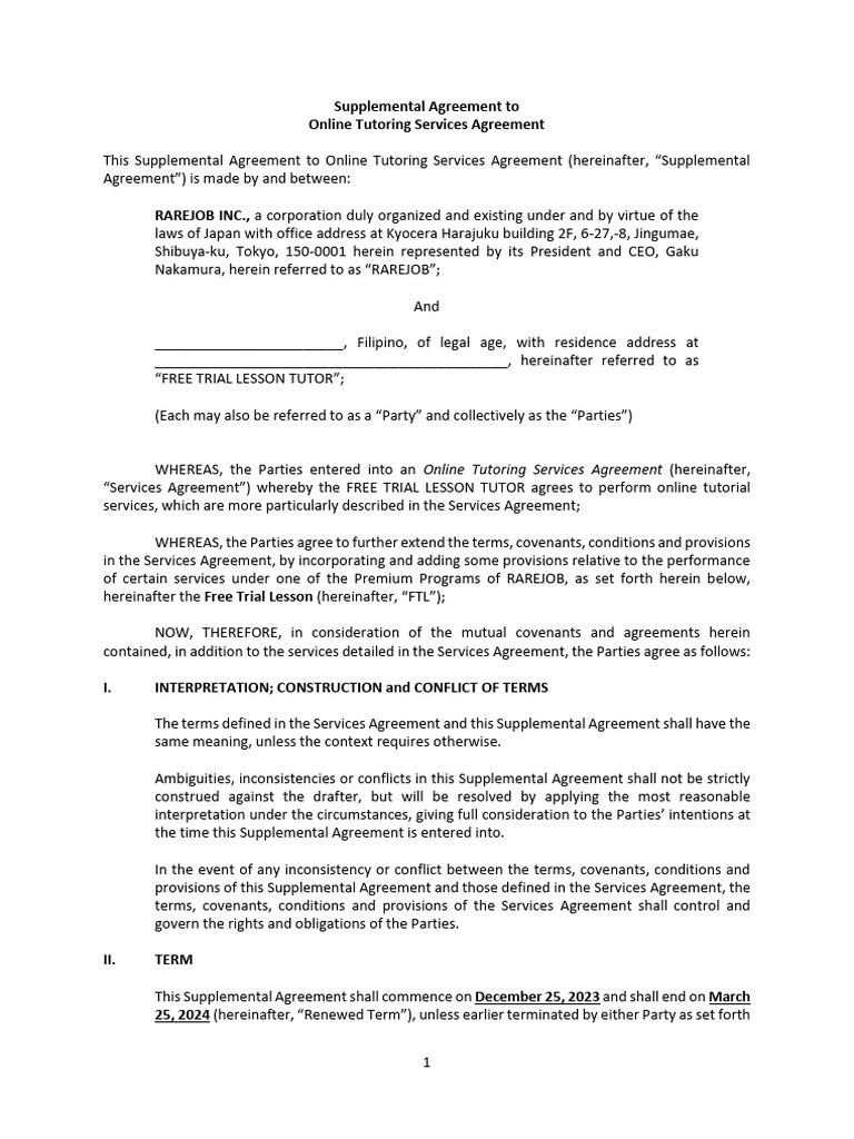 Supplemental Agreement for Online Tutoring | PDF | Private Law | Justice