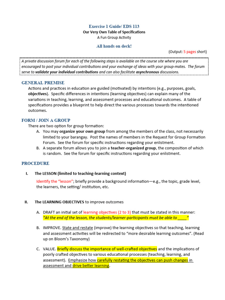 113 Exercise 1 Guide 2023 | PDF | Learning | Educational Assessment
