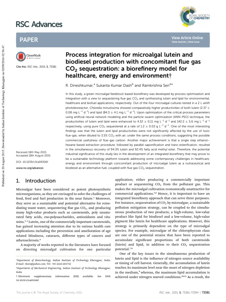 2 - Microalgal Biorefinery-Lutein-Biodiesel-Process Integration - Dineshkumar | PDF ...