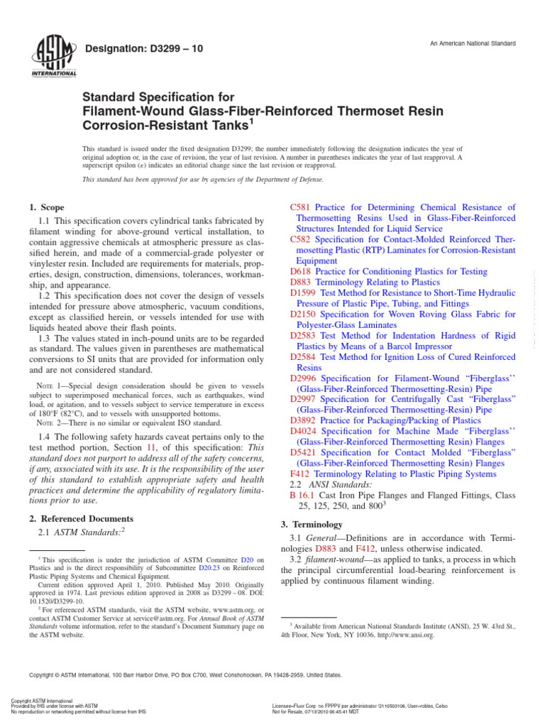 Astm D3299 | PDF | Fiberglass | Pipe (Fluid Conveyance)
