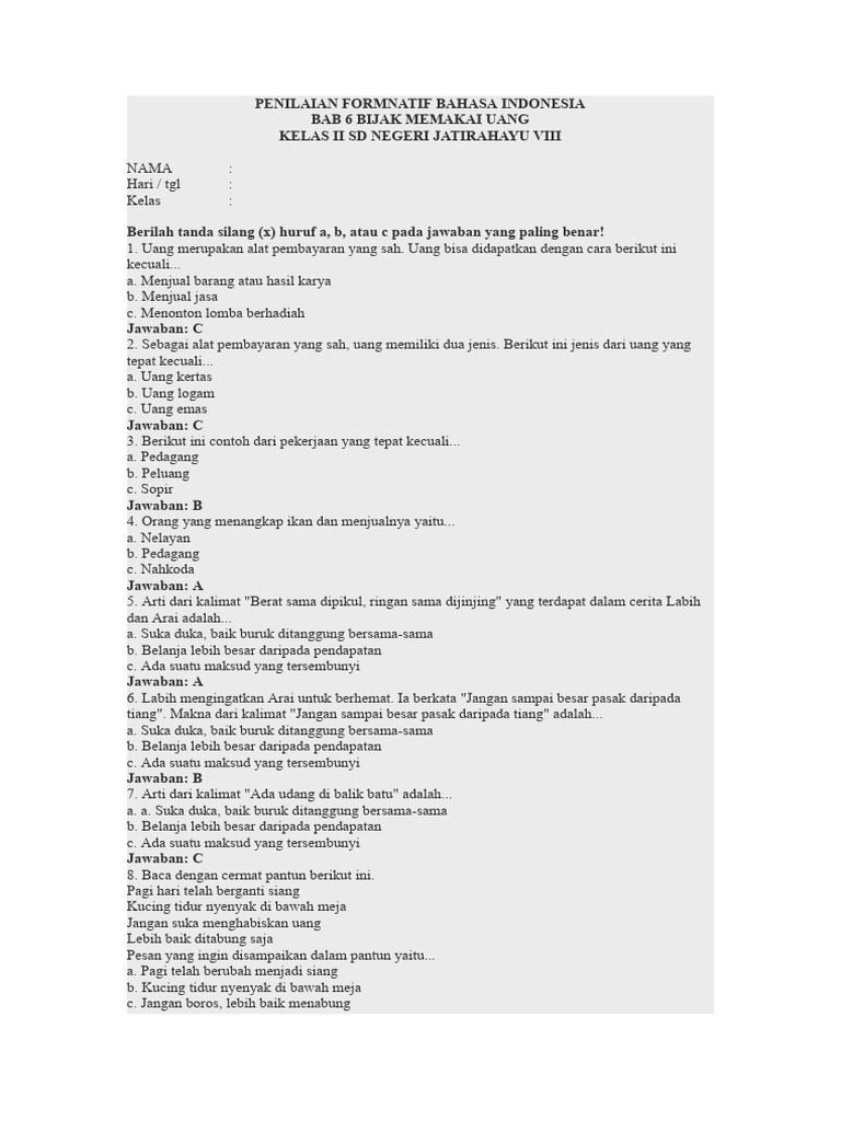 Soal Penilaian Formatif B.indo Kls 2c | PDF