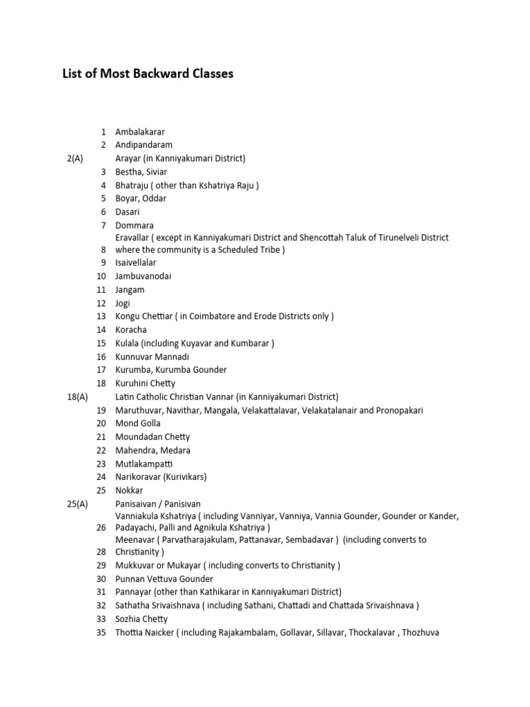 List of Most Backward Classes | PDF | Social Groups Of India | Tamils