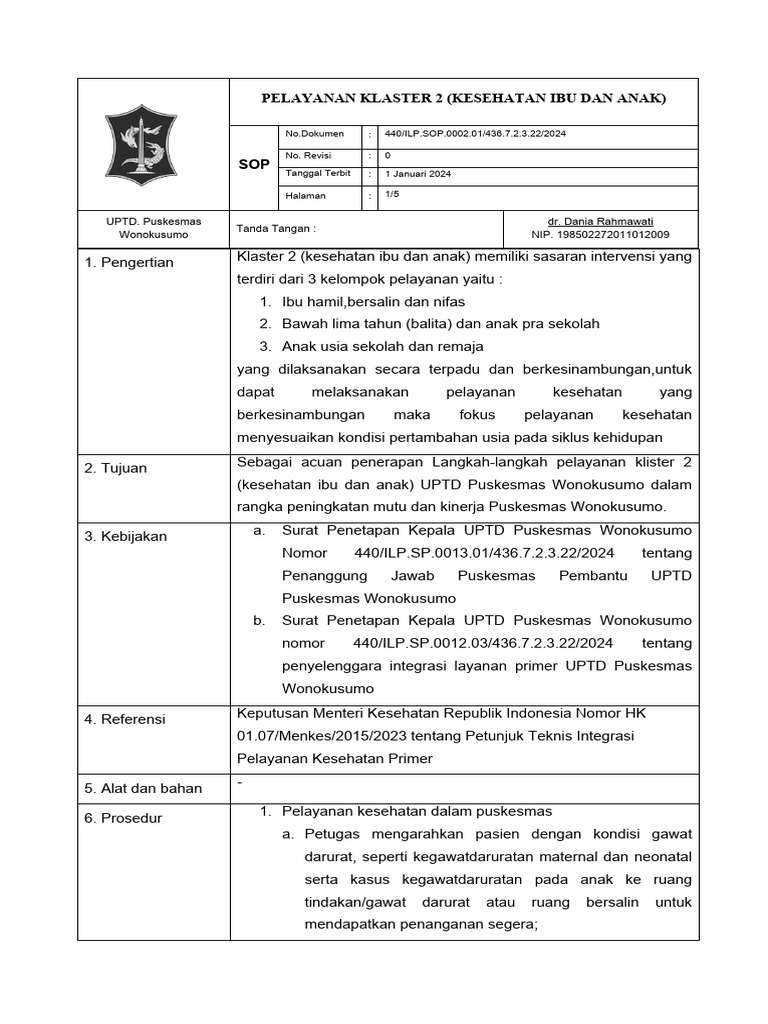 Sop Pelayanan Klaster 2 (Kesehatan Ibu Dan Anak) Revisi | PDF