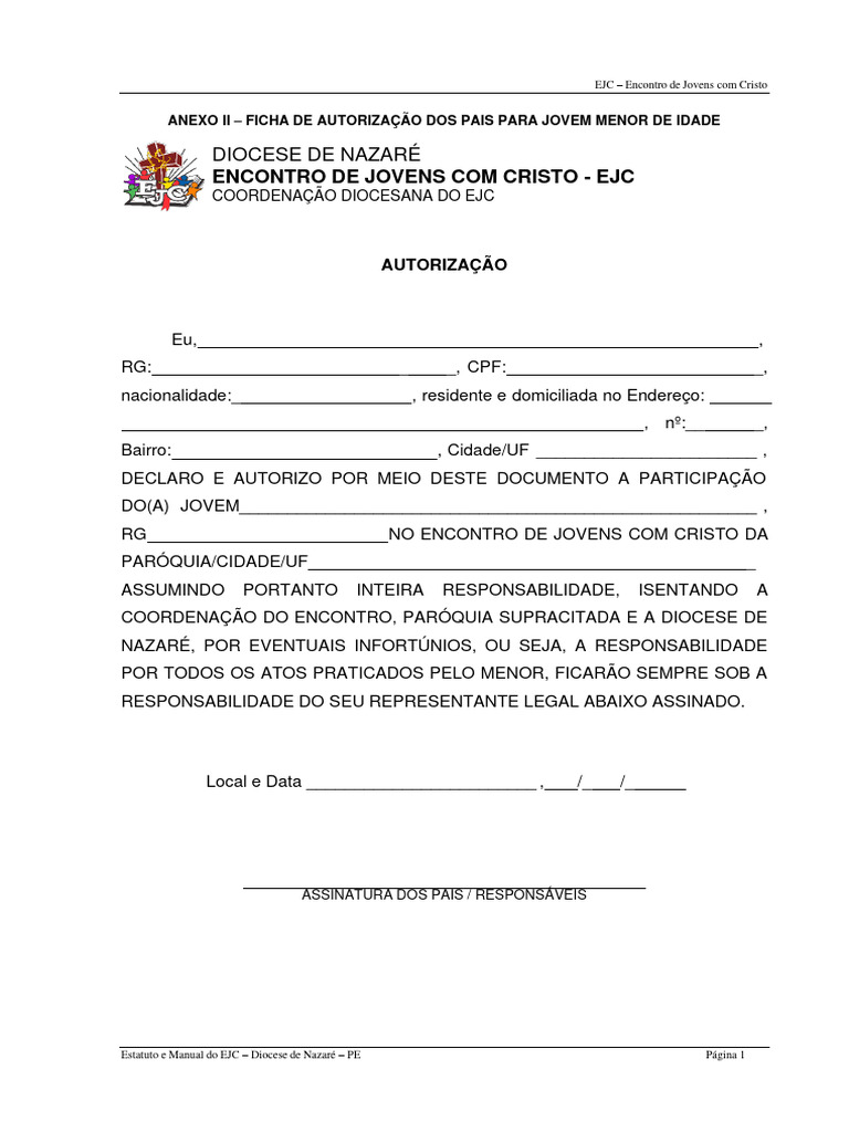 Autorização para Menor no EJC - PE | PDF