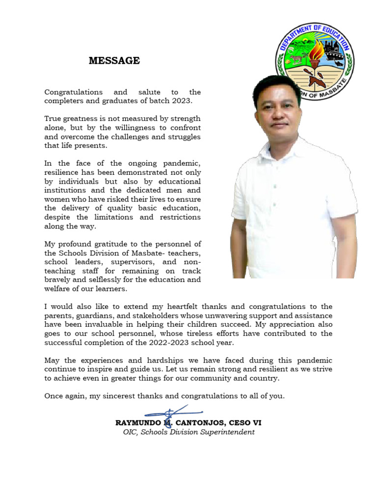 Message of Sir Raymundo Cantonjos | PDF