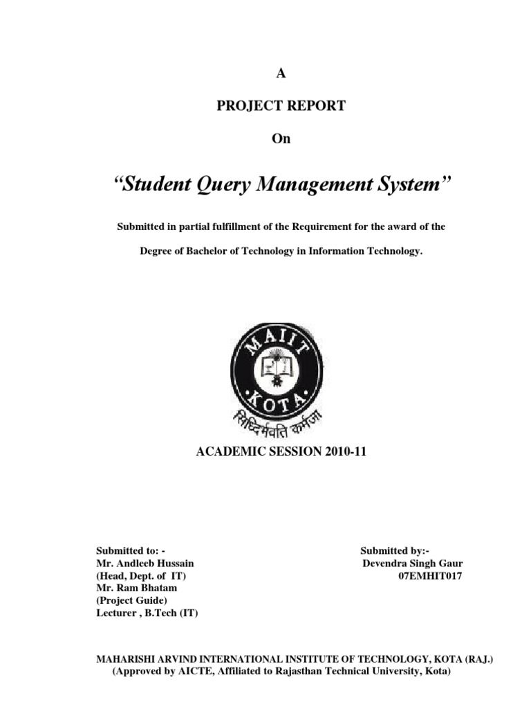 "Student Query Management System": A Project Report On | PDF | Specification (Technical Standard ...