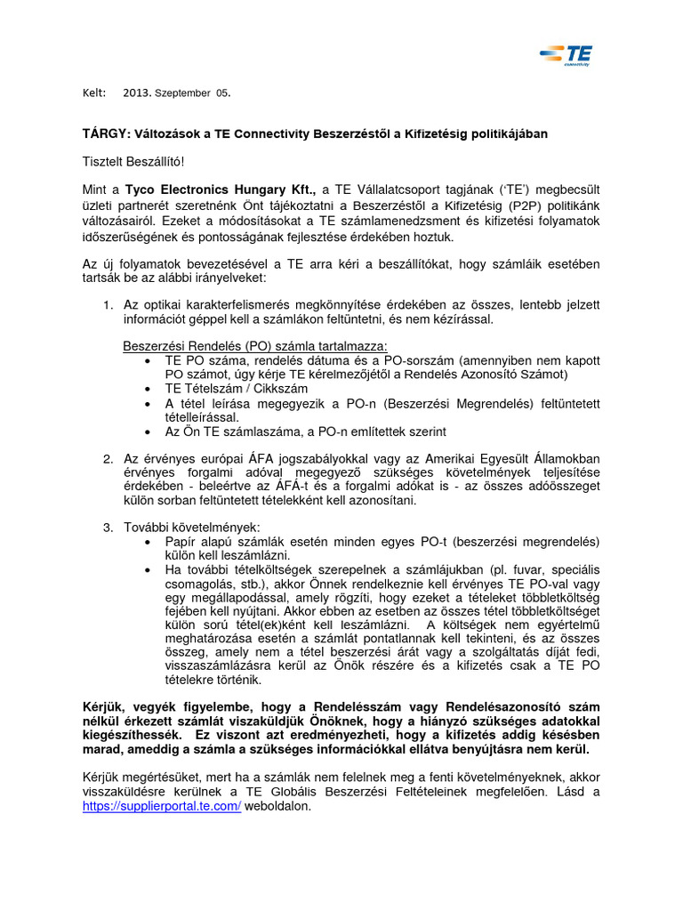 Tyco Electronics Hungary KFT Supplier Letter in Hungarian | PDF