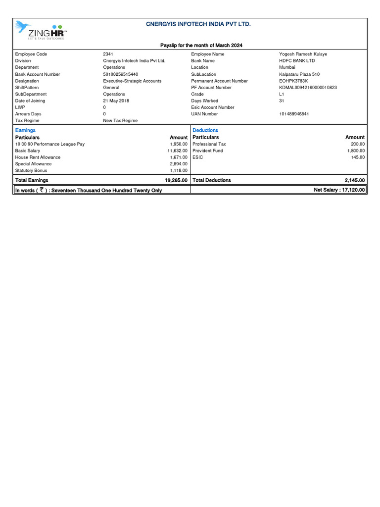 March 2024 Payslip for Cnergyis Employee | PDF | Expense | Economies
