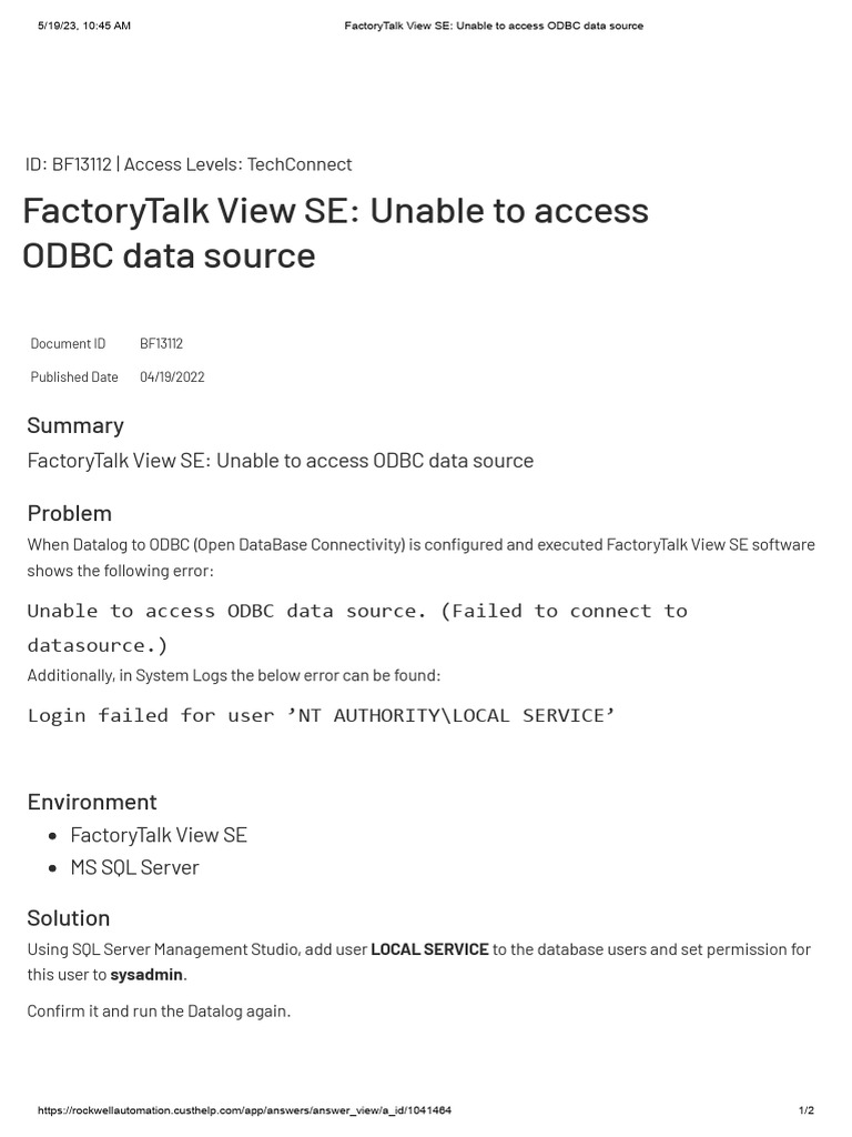FactoryTalk View SE - Unable To Access ODBC Data Source - Secondary Path Error | PDF | Databases ...