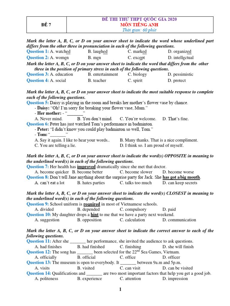 TN THPT 2020 de 7 Thu - 2722022225126 | PDF | 3 D Computer Graphics ...