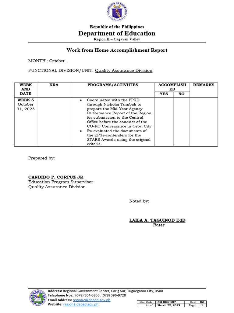 Monthly-accomplishment-report-2023-WFH-OC.31, 2023 | PDF