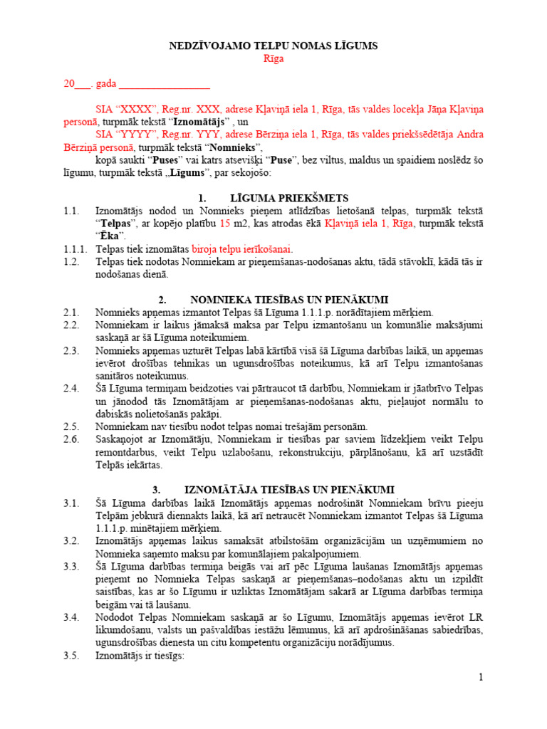 Paraugs Nedzivojamo Telpu Nomas Ligums | PDF