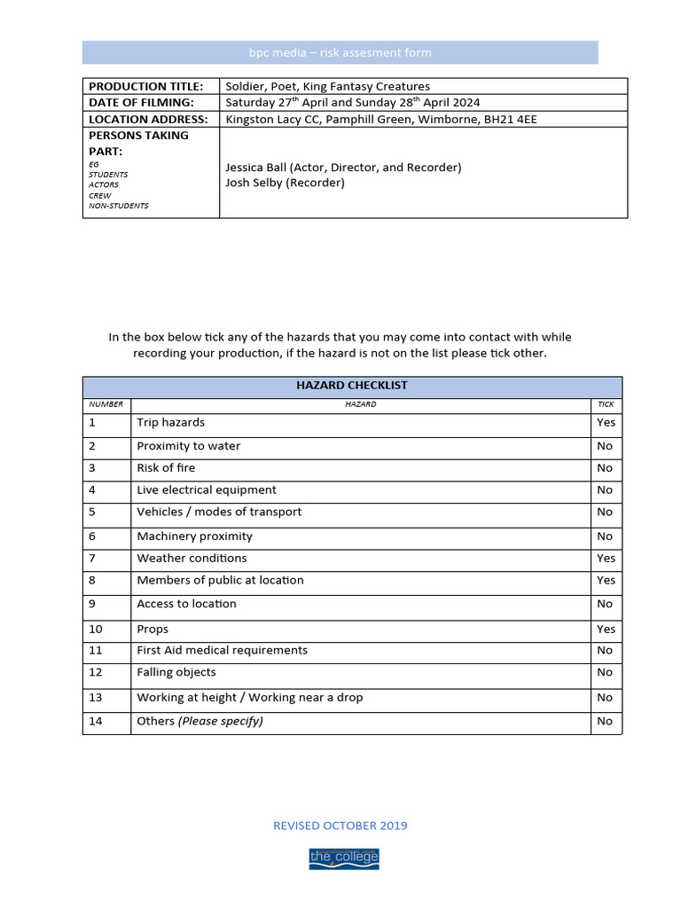 Risk Assessment for Soldier, Poet, King | PDF | Risk Assessment | Safety