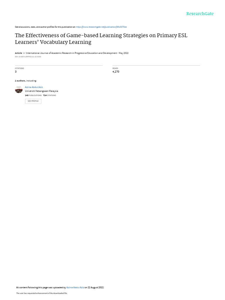 The Effectiveness of Game Based Learning Strategies On Primary Esl ...