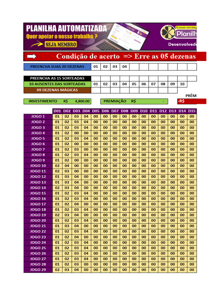 #217 - Redução Lotofácil 20 Dezenas para 16 Sem Fixas em 100 Jogos - 14 ...