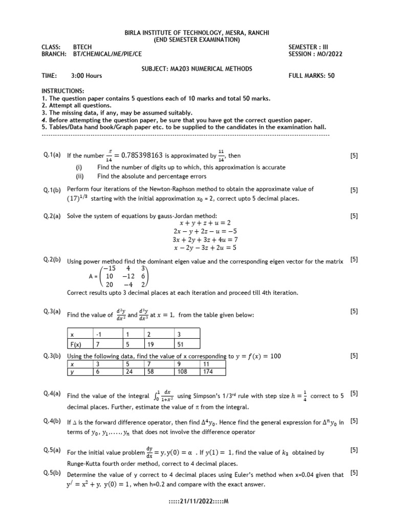 Ma203 Numerical Methods (End - Mo22) | PDF | Numerical Analysis | Eigenvalues And Eigenvectors