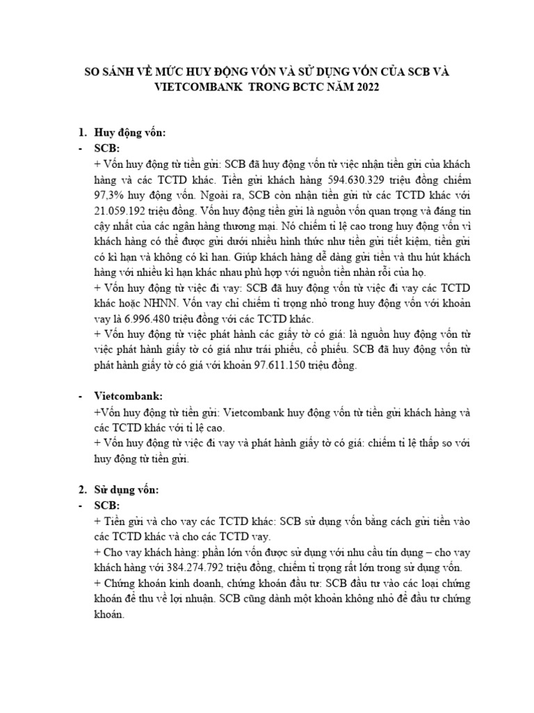 So Sánh Về Mức Huy Động Vốn Và Sử Dụng Vốn Của Scb Và Vietcombank Trong Bctc Năm 2022 | PDF