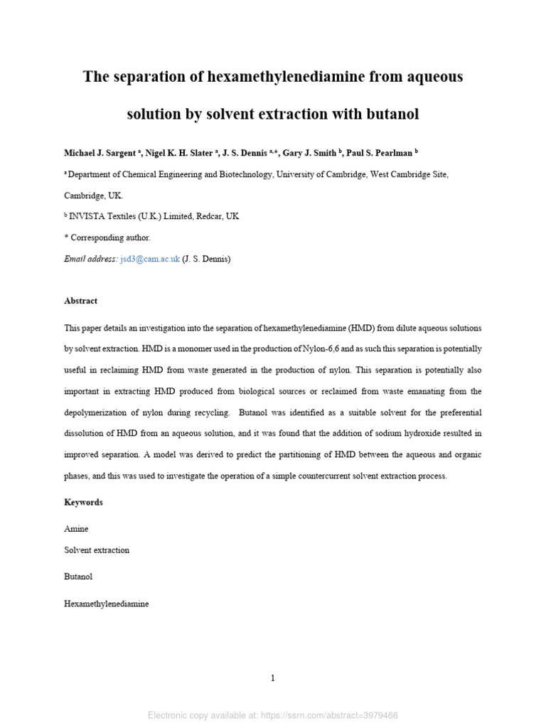 Separation of HMDA from aqueous solution by solvent extraction with ...