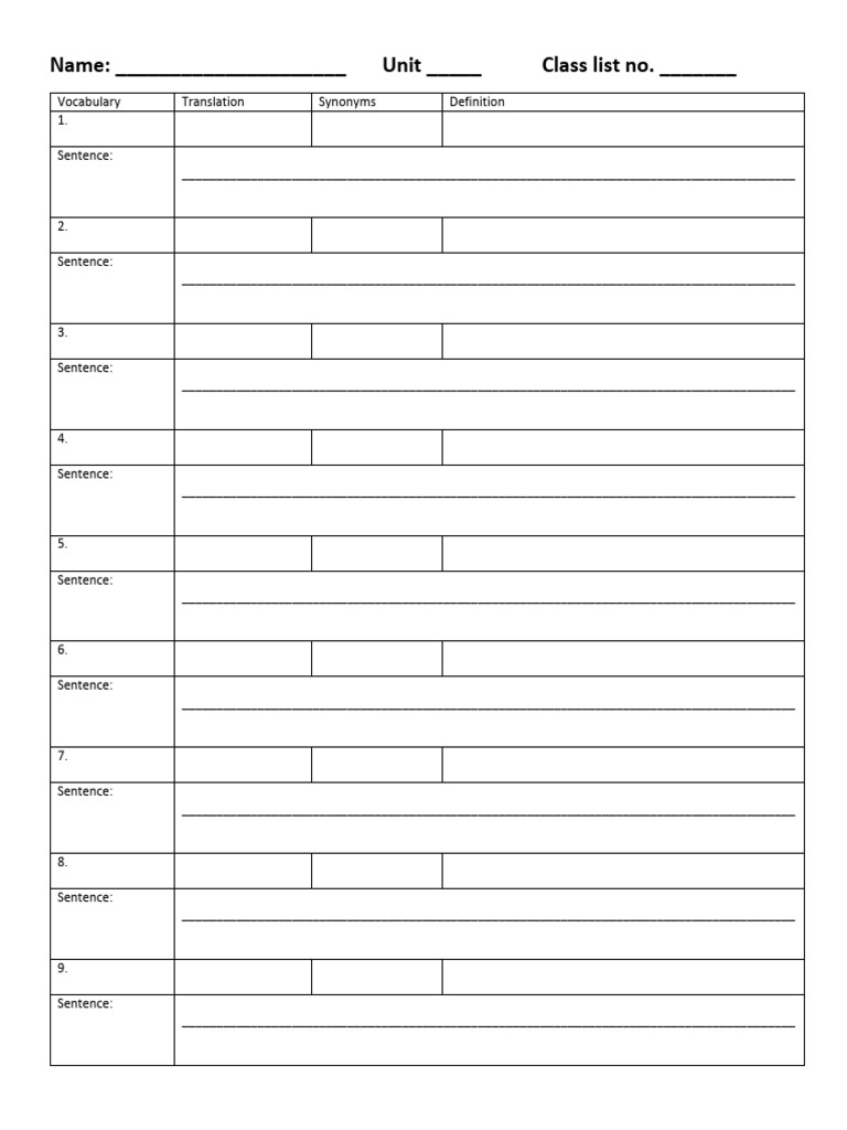 Blank Vocabulary List | PDF | Lexicography | Linguistics