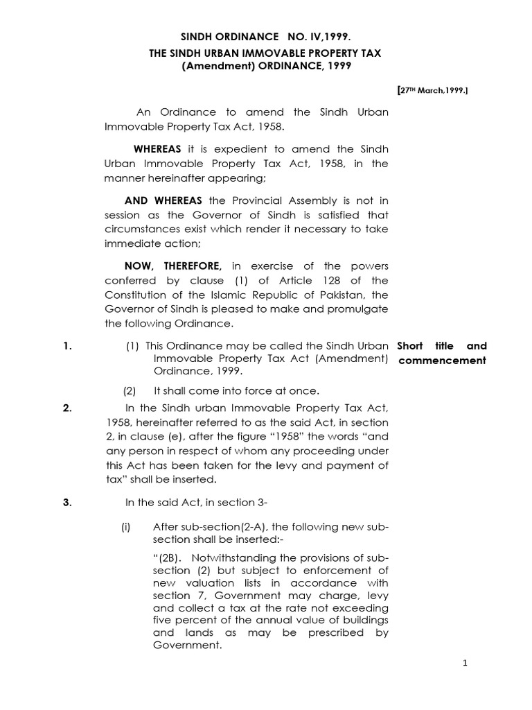 Sindh Urban Property Tax Amendment 1999 | PDF | Property Tax | Taxes