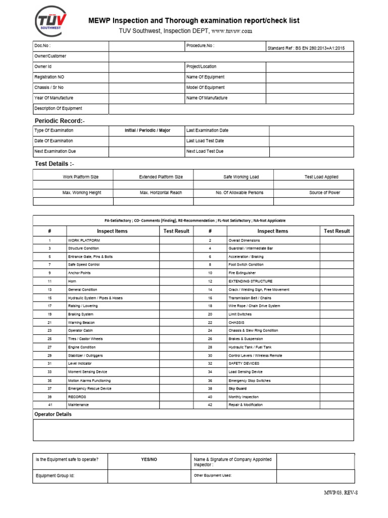 MEWP CHECKLIST | PDF | Vehicles | Manufactured Goods