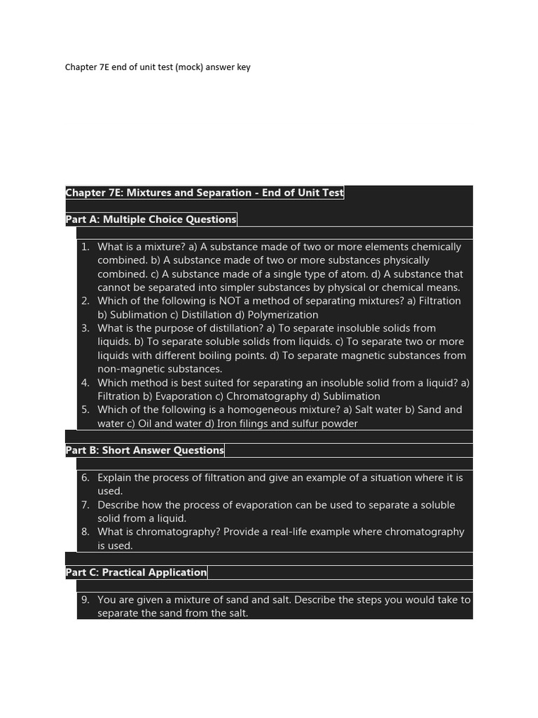 Chapter 7E Mixtures & Separation Test Answers | PDF | Chemical ...
