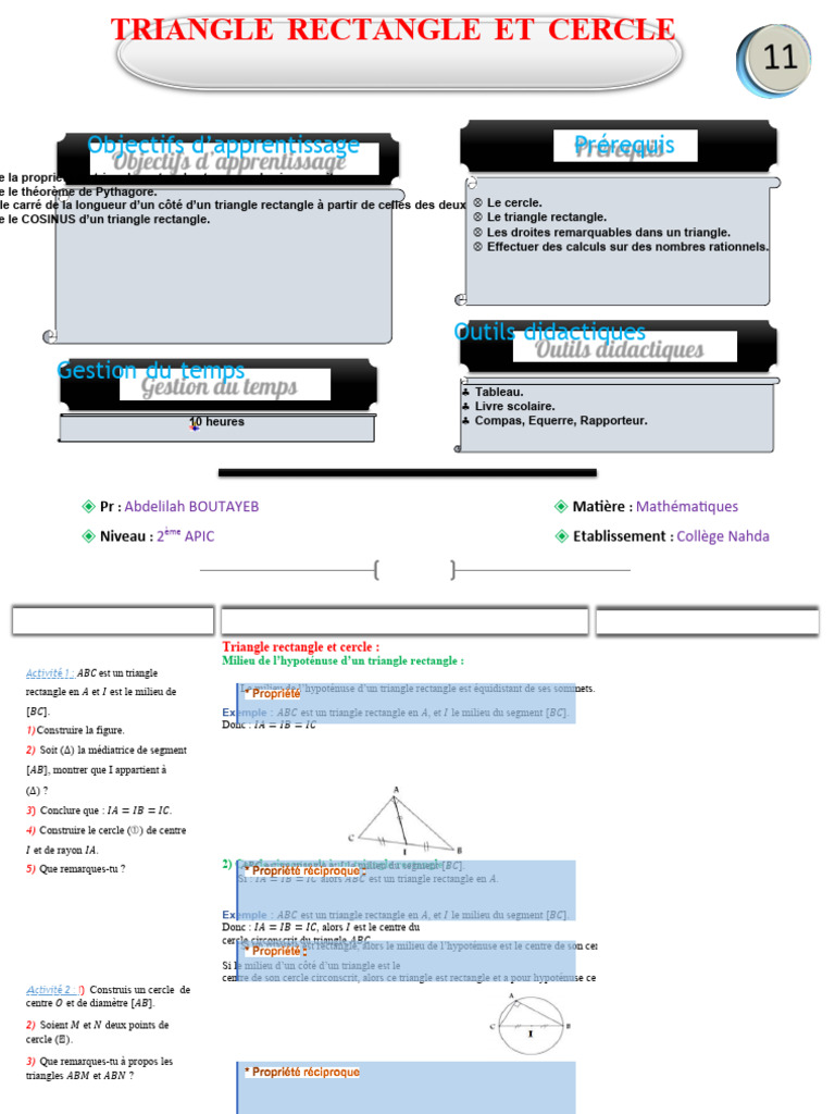 Exercices sur Triangle Rectangle et Cercle | PDF | Triangle | Cercle