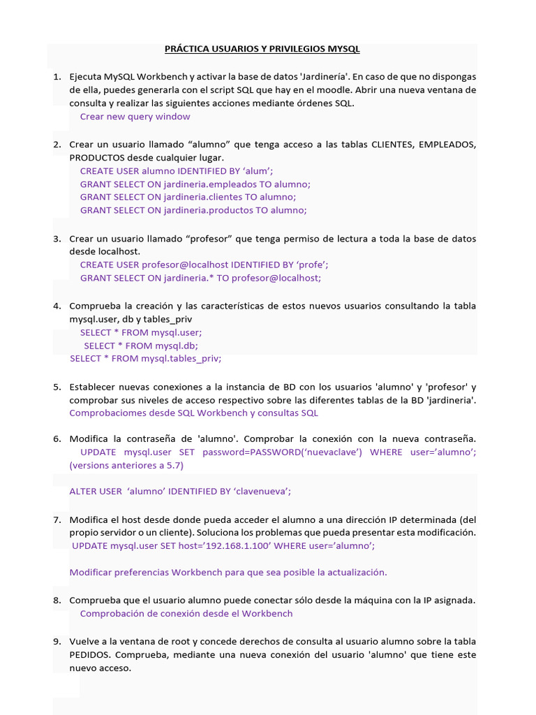 Usuarios y Privilegios Mysql - Práctica - 1 | PDF | SQL | Mi sql