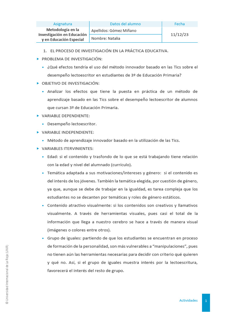 Proceso Investigación - PRACTICA 1 METODOLOGÍA | PDF | Muestreo (Estadísticas) | Educación primaria