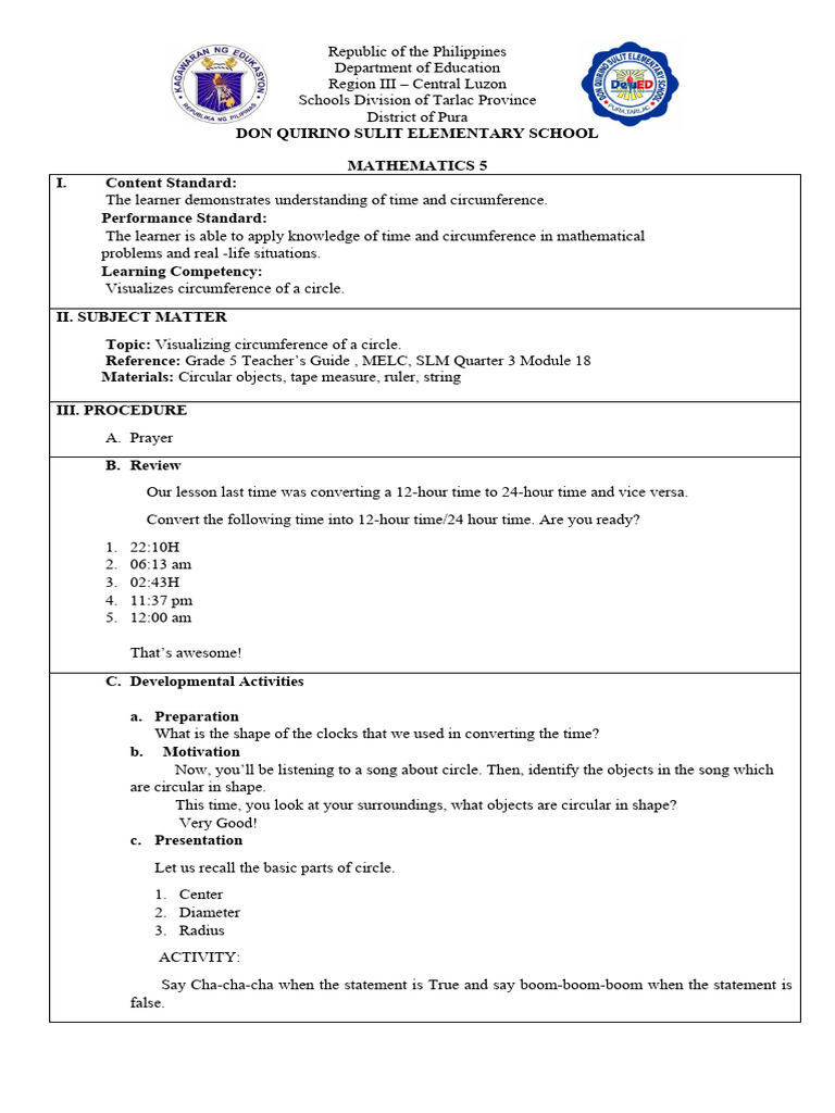 COT Lesson Plan 2022 | Download Free PDF | Circle | Pi