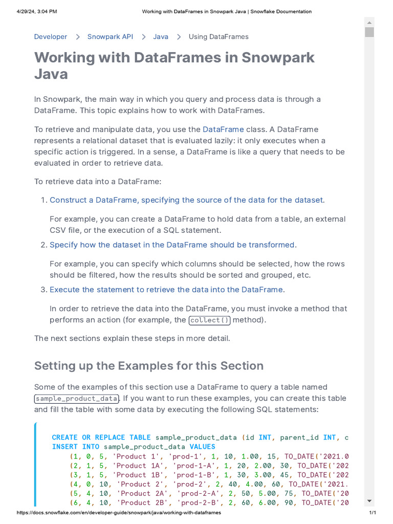 Working With Dataframes In Snowpark Java Snowflake Documentation Pdf Information Science