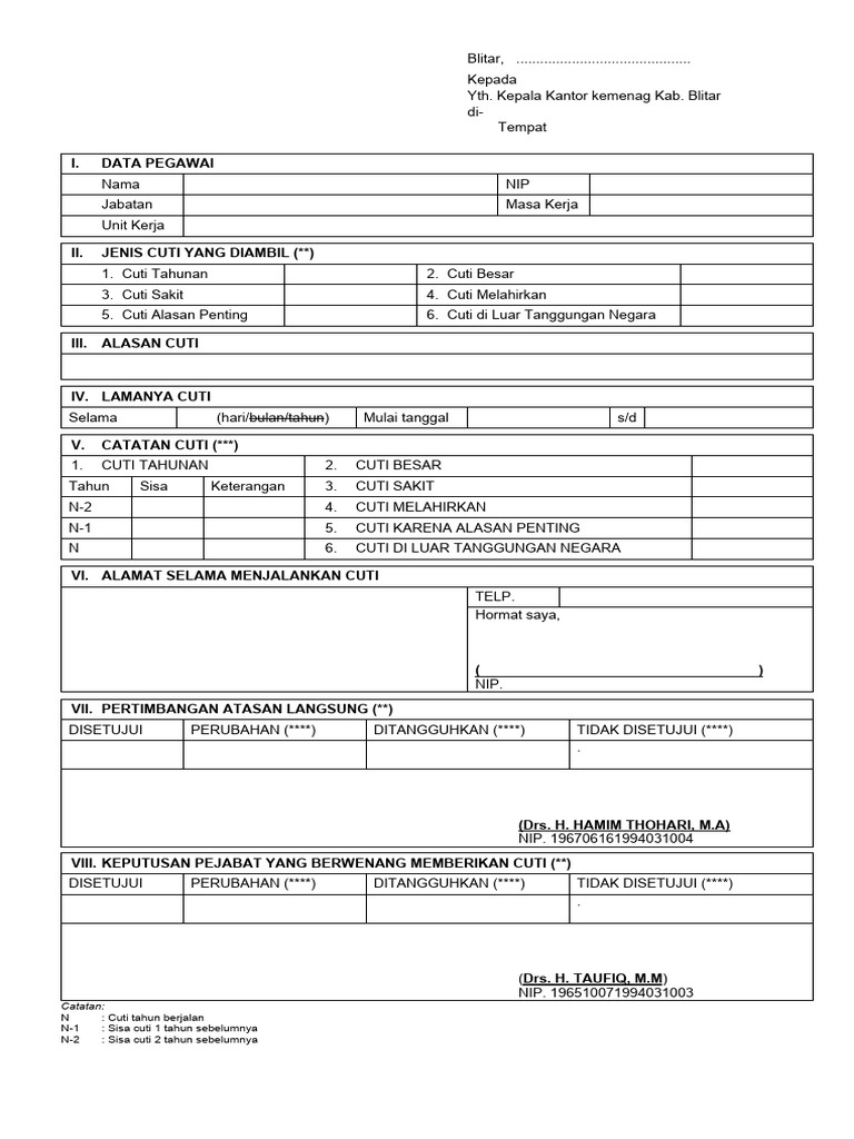 Formulir Pengajuan Cuti Pegawai Kemenag | PDF