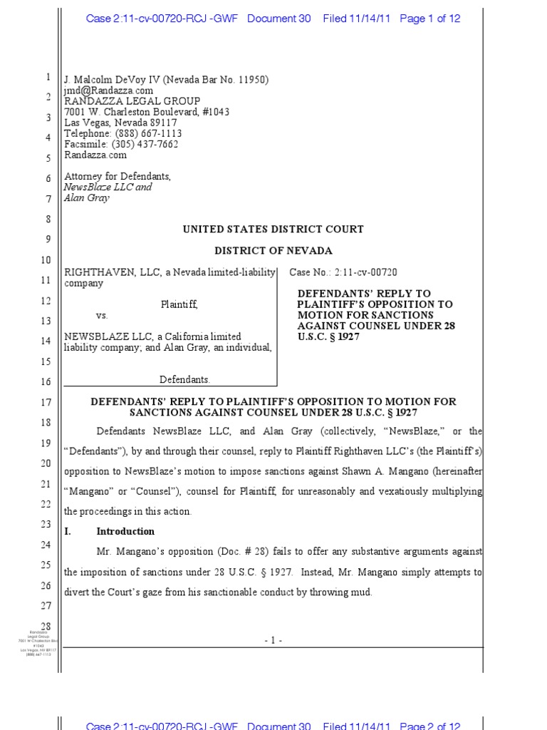 DEFENDANTS’ REPLY TO PLAINTIFF’S OPPOSITION TO MOTION FOR SANCTIONS ...