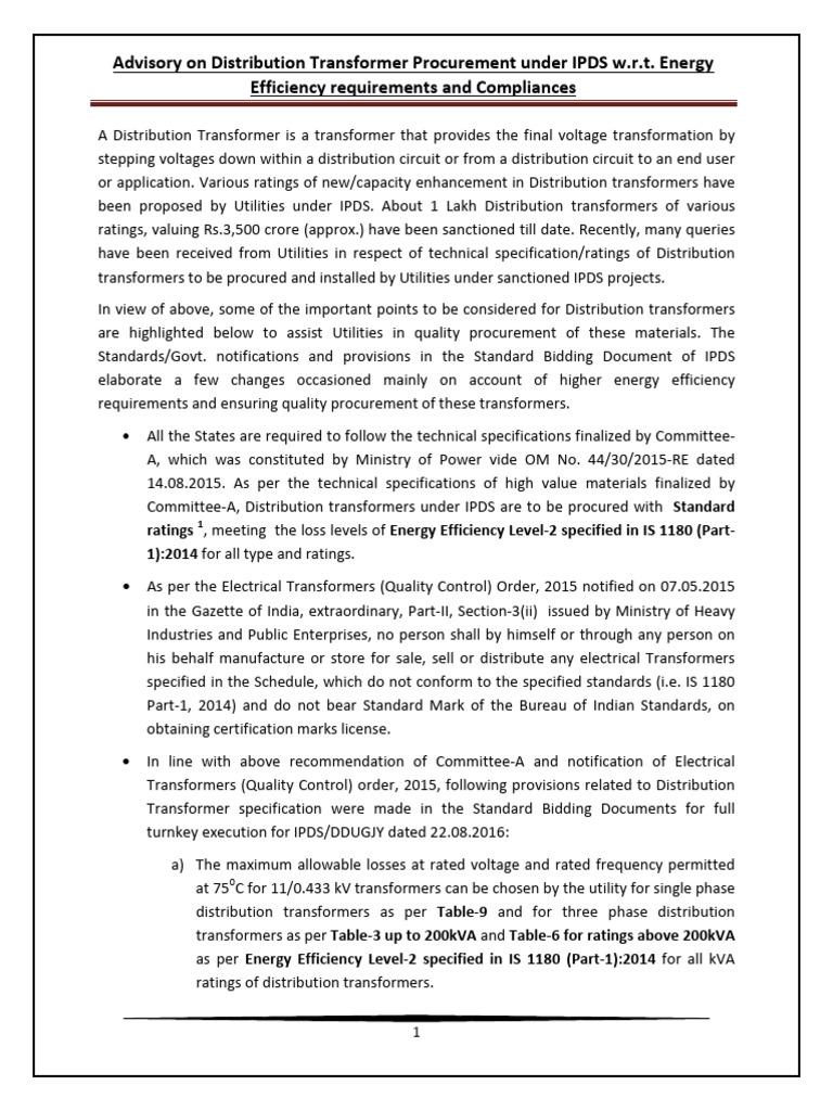 AdvisoryonDistributionTransformerProcurementunder IPDS | PDF | Transformer | Physical Quantities