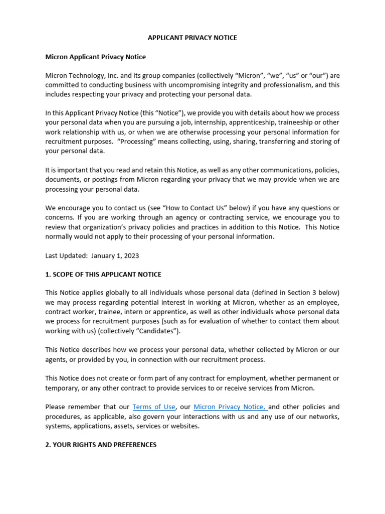 Micron Applicant Privacy Notice 2023 English Ra | PDF | Privacy | Recruitment