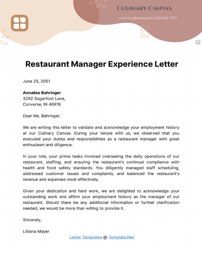 Restaurant Manager Experience Letter Template - Edit Online & Download ...