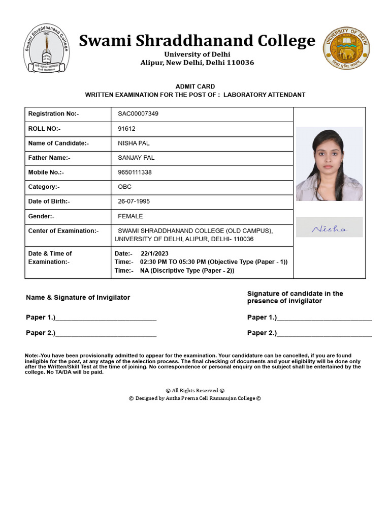 Swami Shraddhanand College Nisha Admit Card | PDF