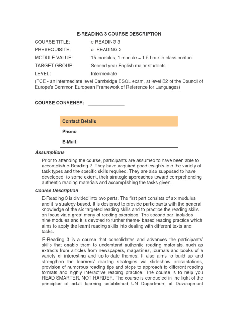 E-Reading Course Description | PDF | Learning | Reading Comprehension