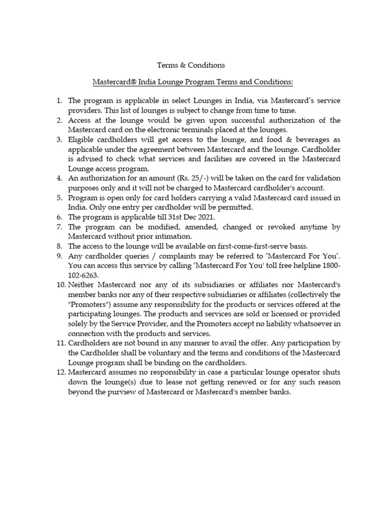 TNC Domestic Lounge Mastercard PDF | PDF