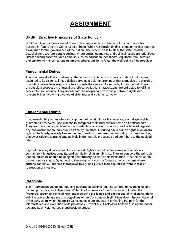 Assignment: DPSP (Directive Principles of State Policy) | PDF | Human ...