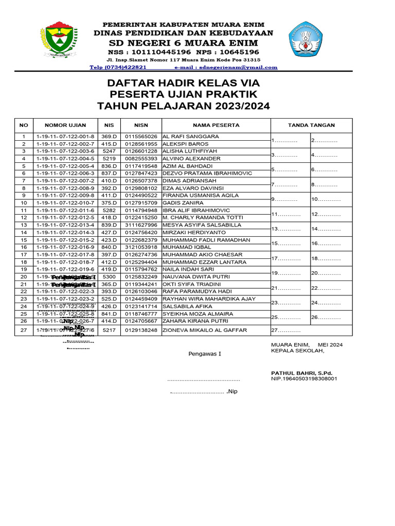 Daftar Hadir Siswa Ujian Praktek Perkelas 2024 | PDF