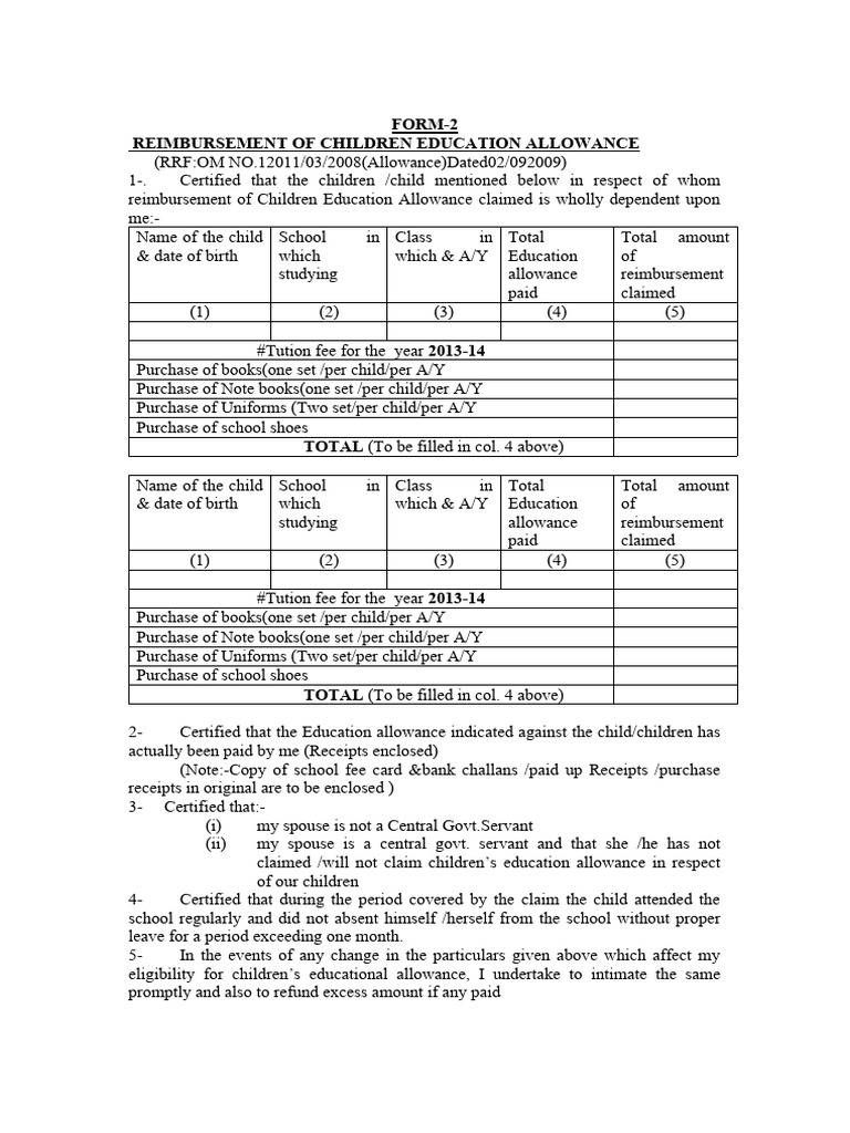 Children Education Allowance Reimbursement Form | PDF | Fee | Money