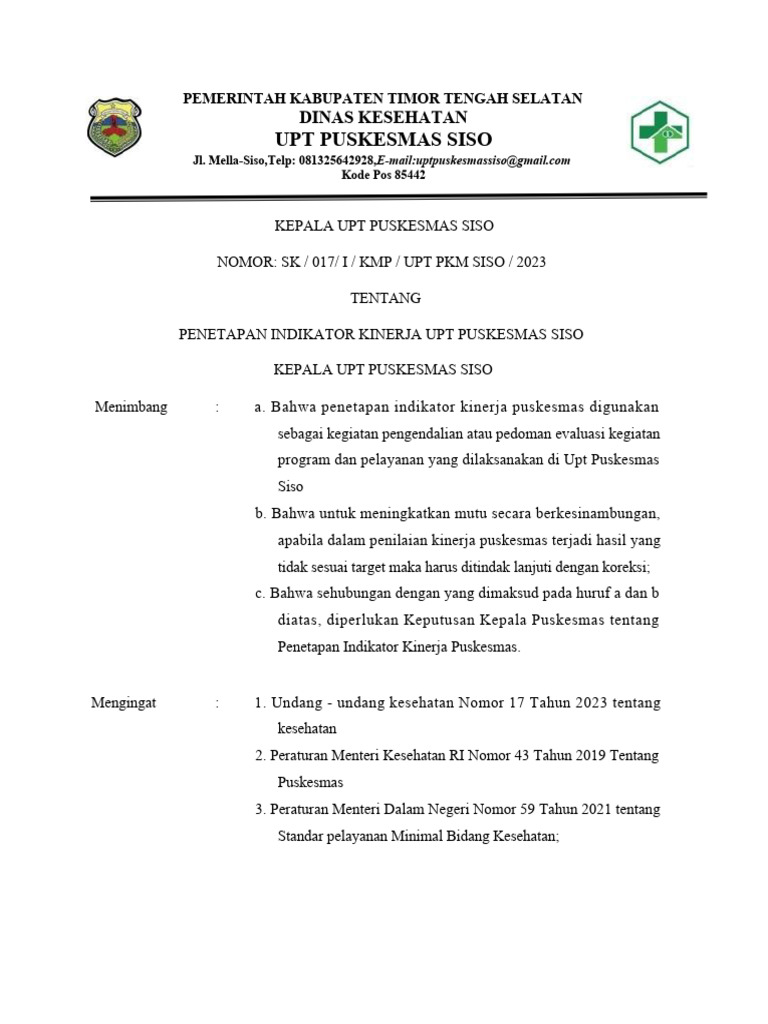 Indikator Kinerja Puskesmas Siso 2023 | PDF
