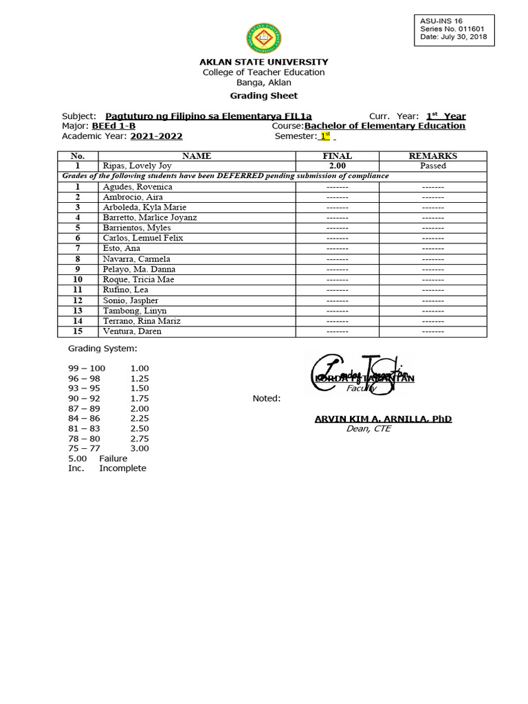 Grading Sheet for Filipino Course | PDF
