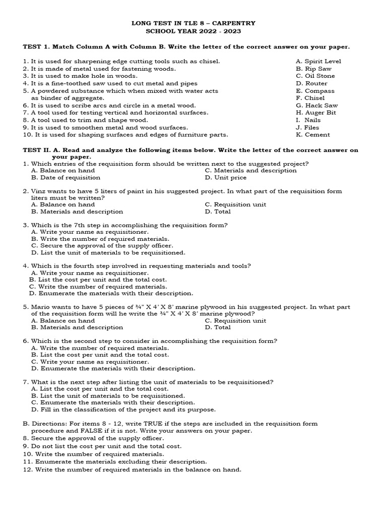 Long Test in Tle 8 - Carpentry | PDF