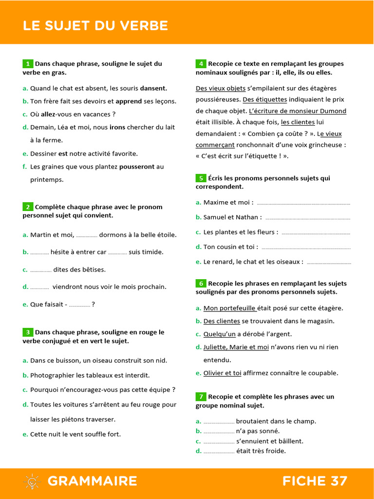 Exercices sur les sujets et verbes | PDF | Sujet (Grammaire) | Phrase