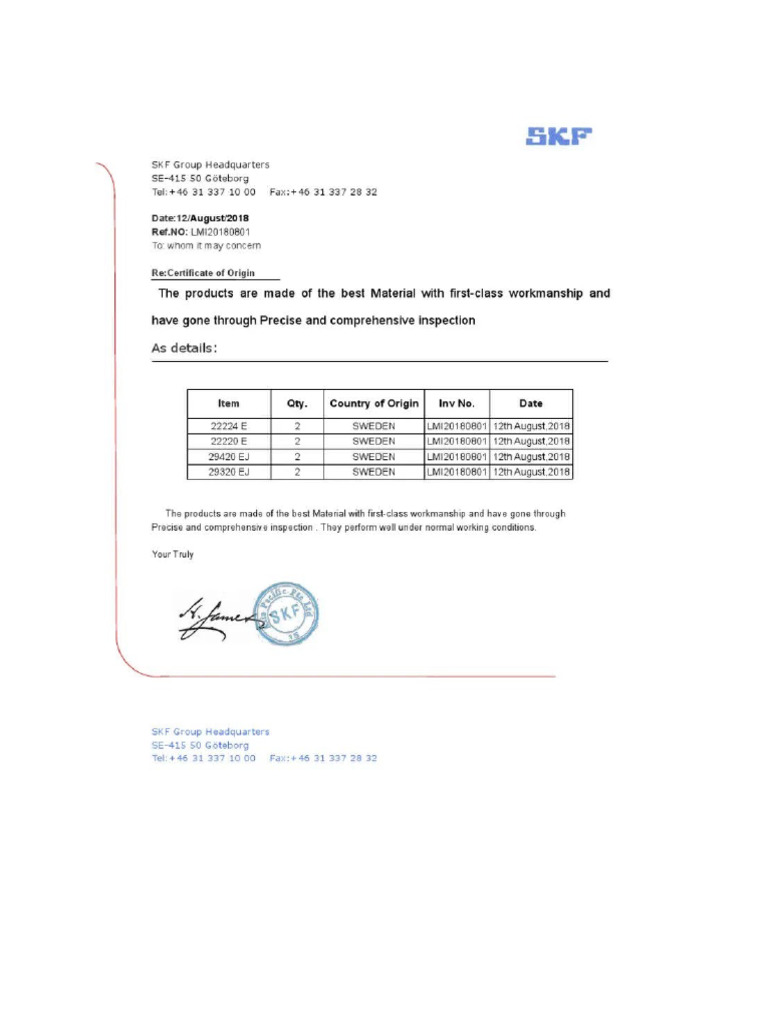 SKF Origin Certificate | PDF