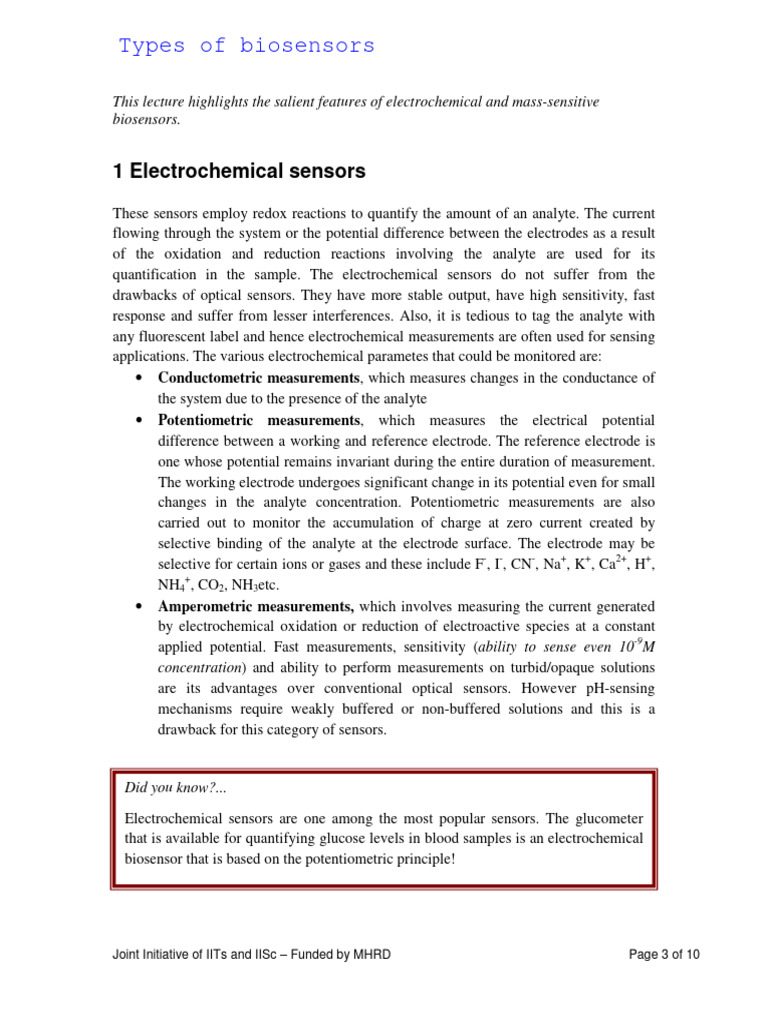 Types of Biosensors | PDF | Biosensor | Electrochemistry
